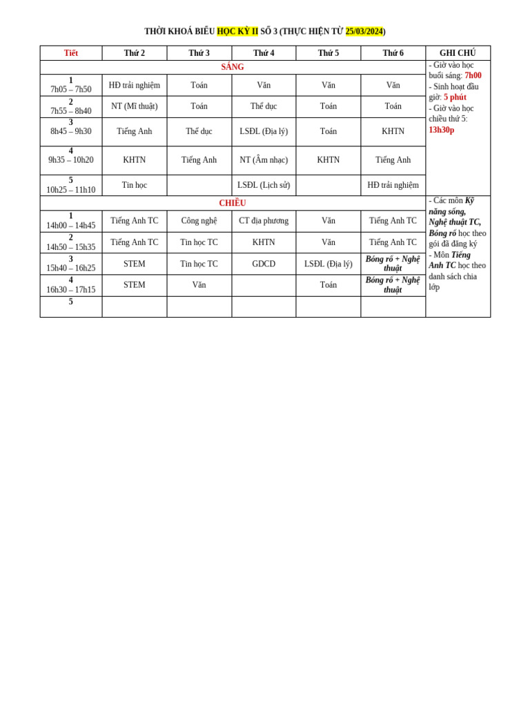 6A2-TKB HKII SỐ 3 | PDF
