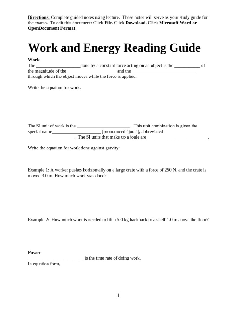 Work, Energy, and Power Study Guide | PDF | Energy Development ...