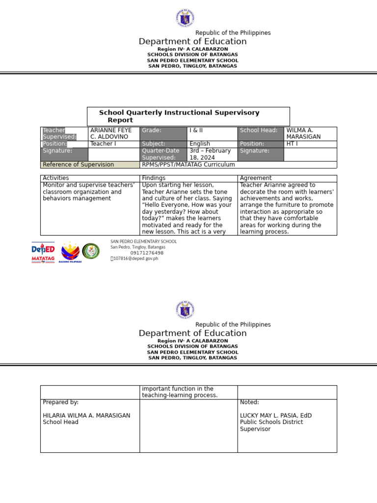 School Instructional Supervision Report | PDF | Teachers | Curriculum