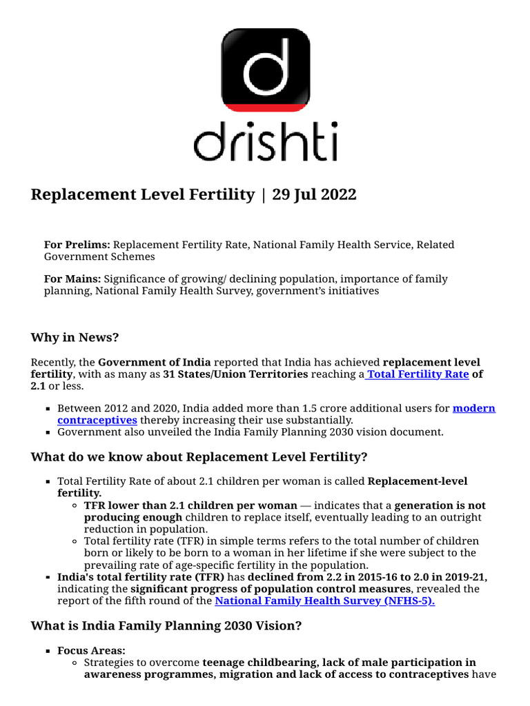 India Achieves Replacement Level Fertility | PDF | Total Fertility Rate ...