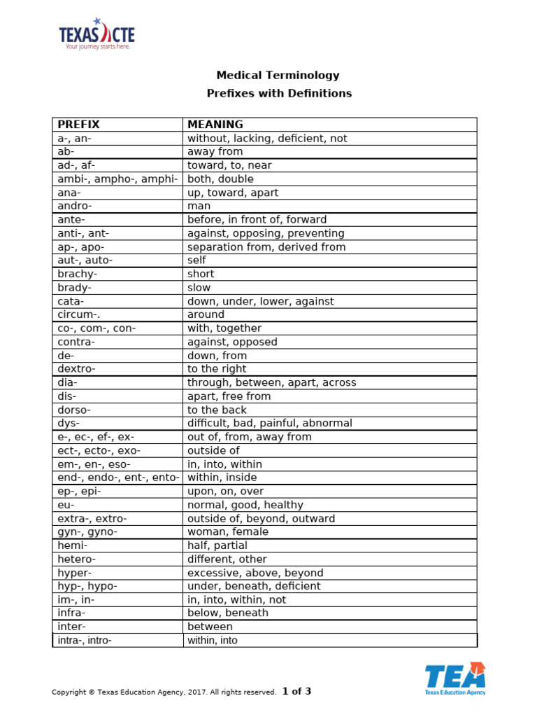Medical Terminology Prefix and Definitions | PDF