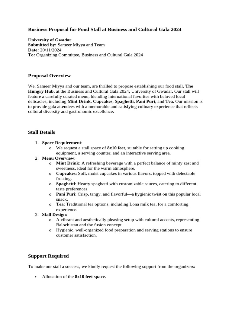 Food Stall Proposal for Gala 2024 | PDF