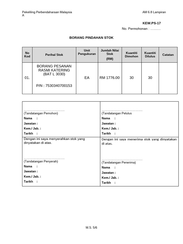 Borang Pindahan Stok KEW.PS-17 | PDF