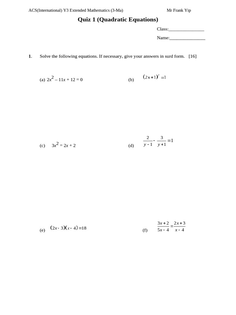 Quiz 1 (Quadratic Equations) (FYi Adapted) | PDF
