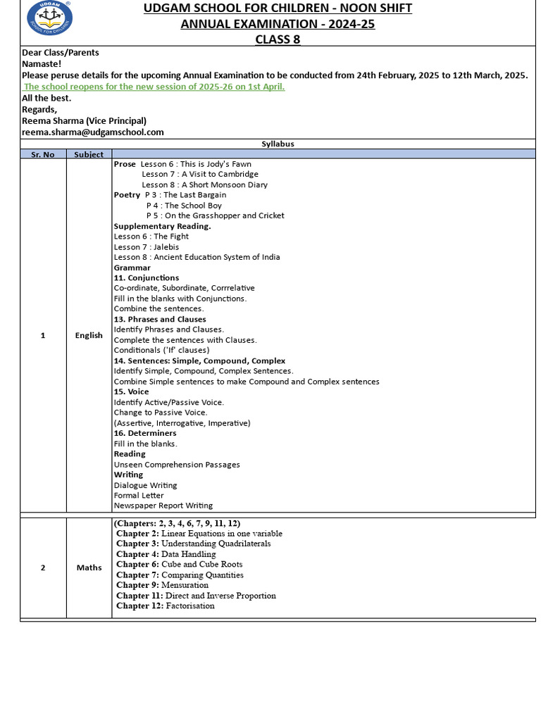 Annual Exam Syllabus Class 8 | PDF
