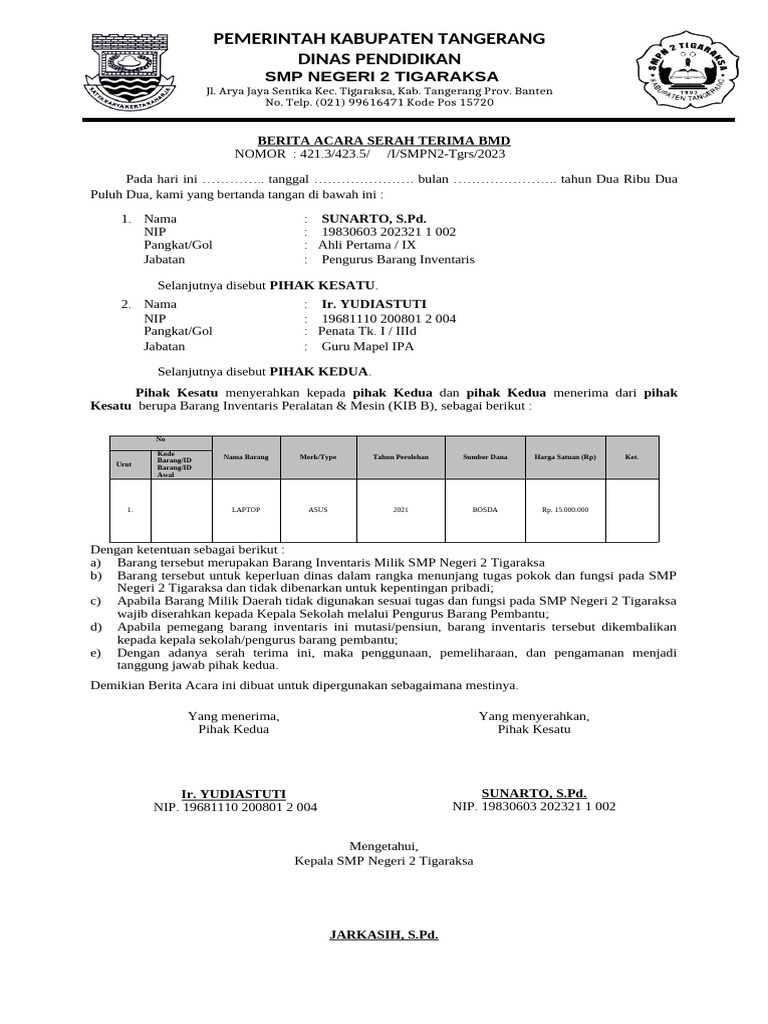 BAST Pemegang Barang Di Sekolah | PDF