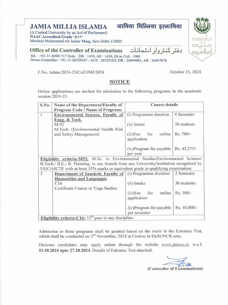 M92 Admission Notice | PDF