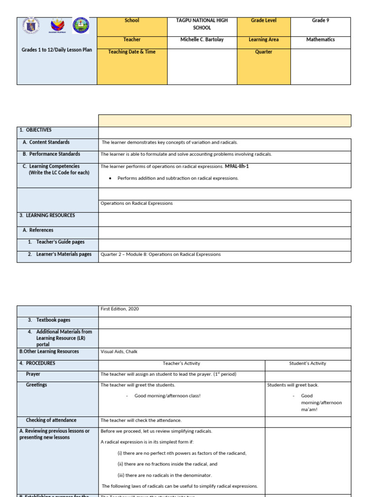 Grade 9 Math Lesson Plan: Radicals | PDF | Learning | Teachers