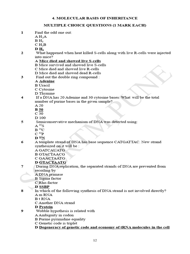 Maharashtra HSC Biology Molecular Basis of Inheritance Question Bank ...