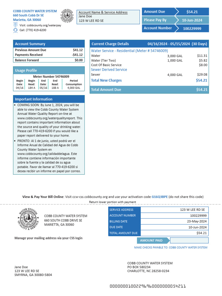 Cobb County Water Bill Summary | PDF