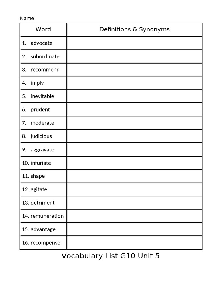 G10 Vocabulary Definitions & Synonyms | PDF