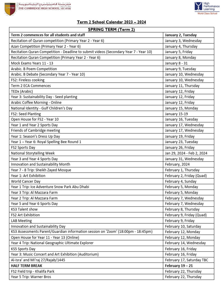 Term 2 School Calendar 2023-2024 | PDF