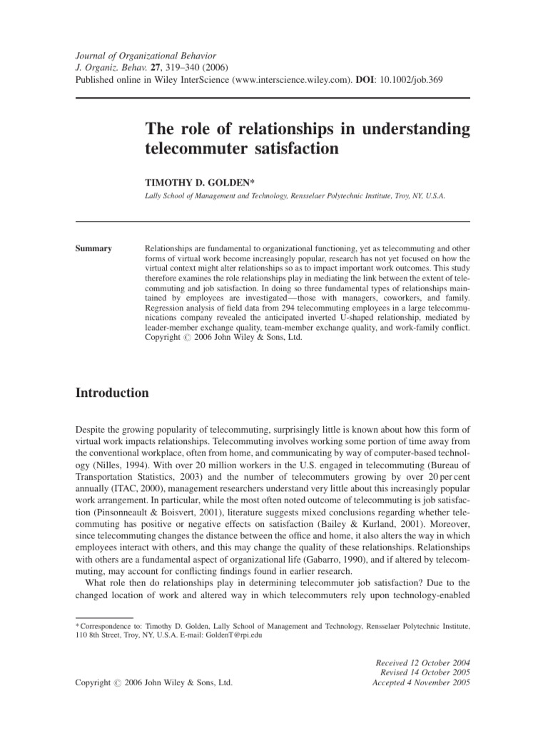 J Organ Behavior - 2006 - Golden - The Role of Relationships in Understanding Telecommuter ...