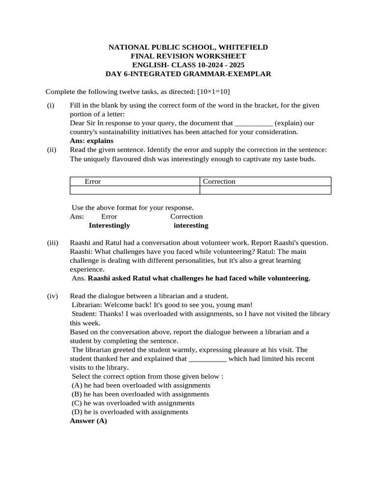 Class 10 English Grammar Revision Worksheet | PDF | Human Communication