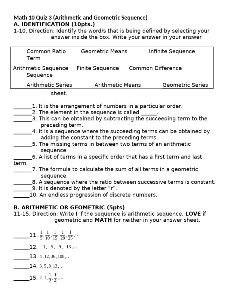 Math 10 Quiz (Geometric Sequence) | PDF | Sequence | Mathematical Concepts