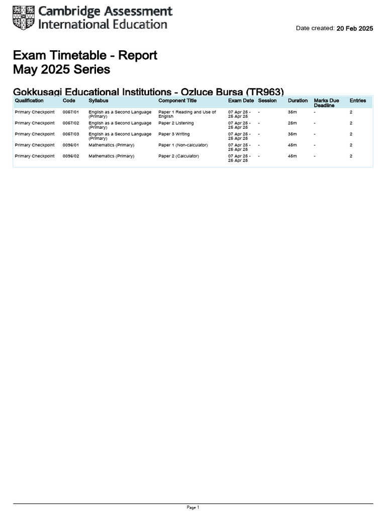 Pri - Checkpoint-Exam - Timetable - Component | PDF