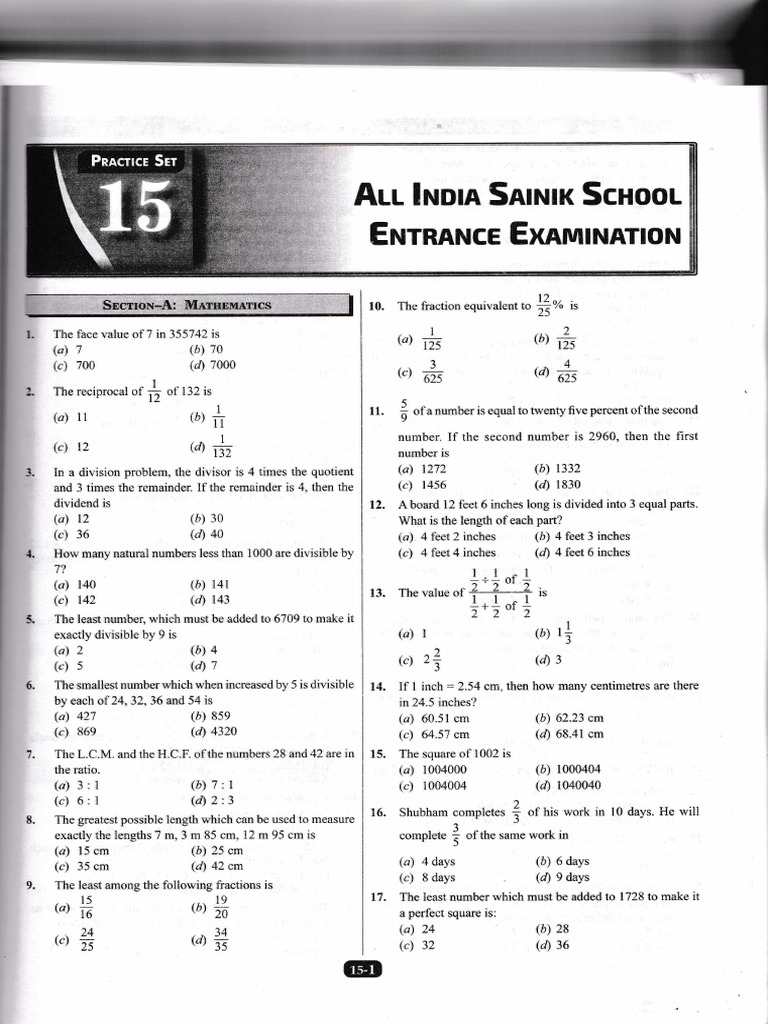 Sainik School Entrance Exam Practice Questions | PDF | Arithmetic | Numbers