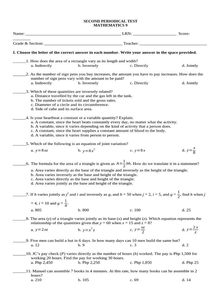 Math Grade 9 Second Grading Periodic Test Sy 2018-2019 | PDF | Area ...