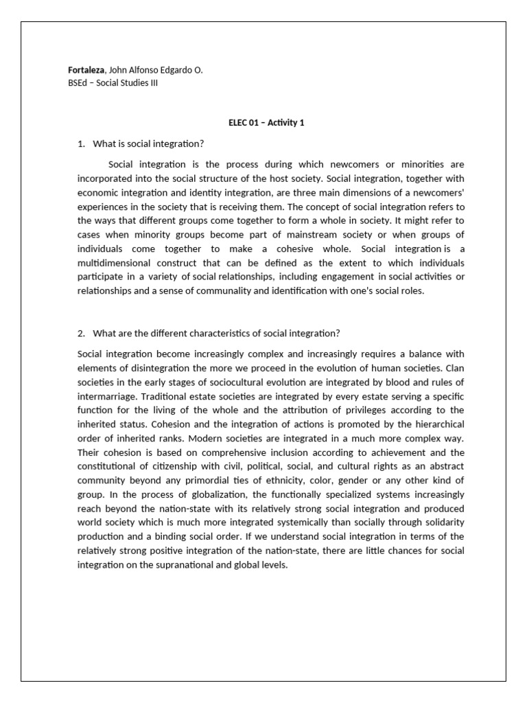 ELEC01 - Activity 1 - Fortaleza, John Alfonso (Social Studies III) | PDF | Social Integration ...