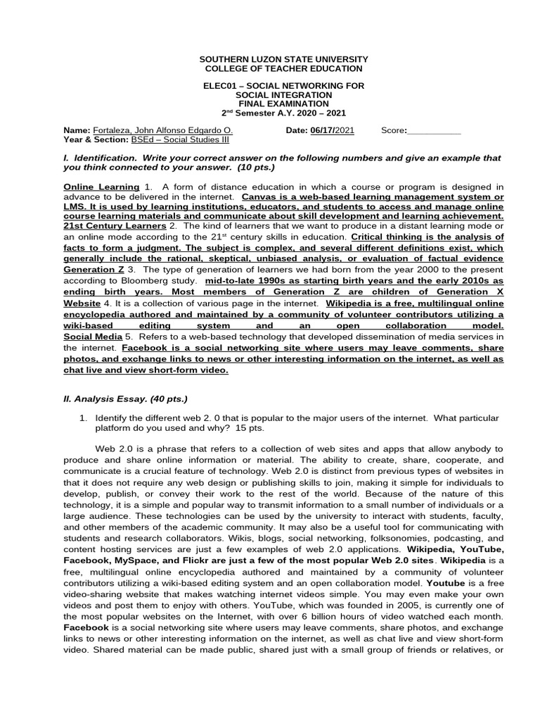 Elec01-Finals-Fortaleza, John Alfonso Edgardo O. (BSEd - Social Studies III) | PDF | Learning ...