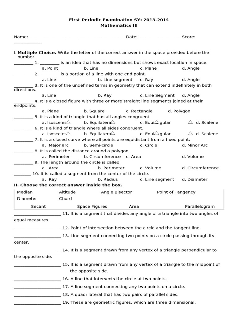 Mathematics III First Periodic Exam SY2013-2014 | PDF | Triangle ...