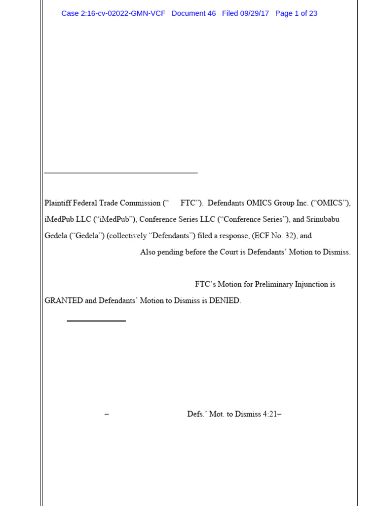 Omics - Order Granting Preliminary Injunction | PDF | Federal Trade Commission | American Government