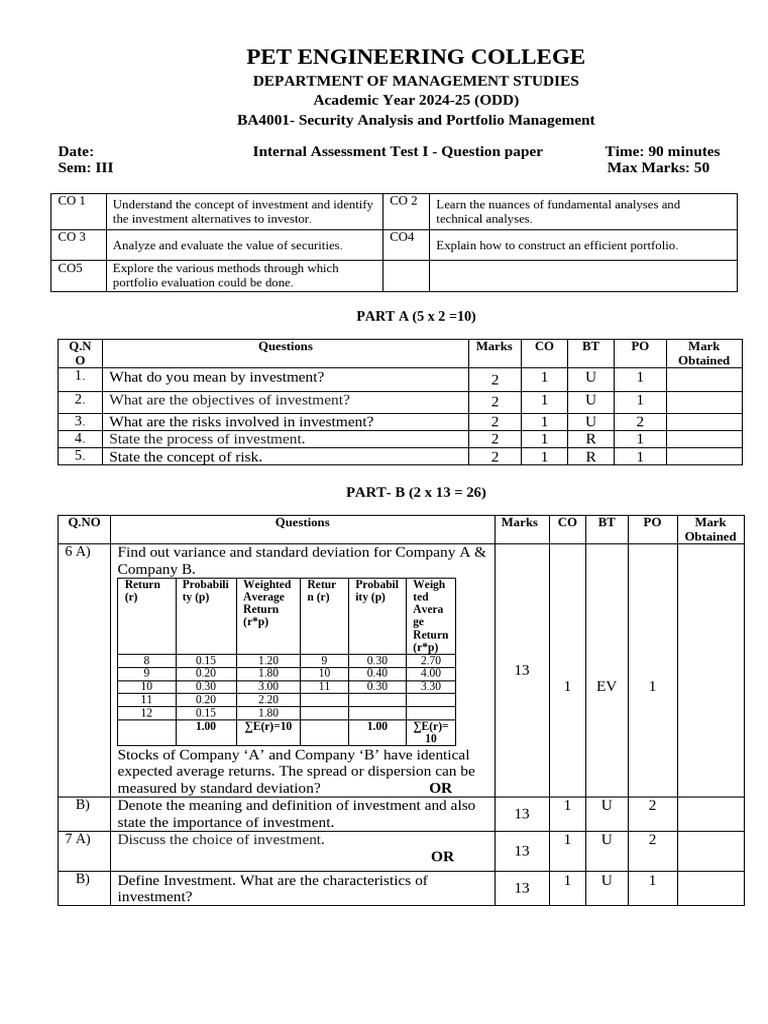 Ba4001-Sapm QSTN Paper | PDF | Investing | Standard Deviation