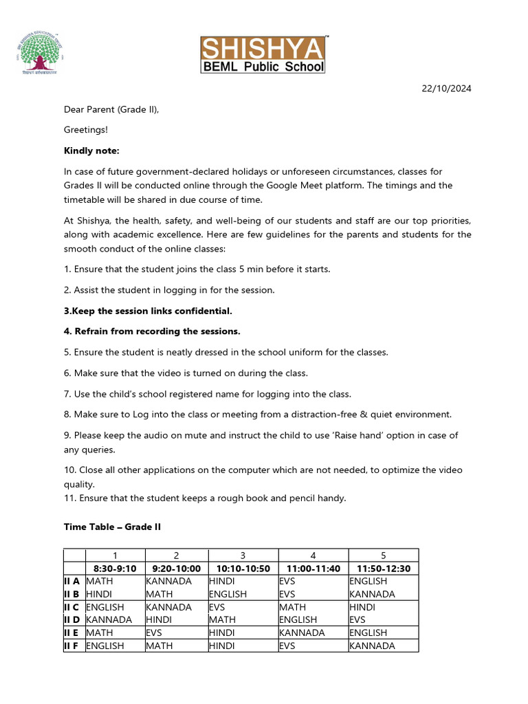 Online Classes Link & Time Table - Grade II | PDF