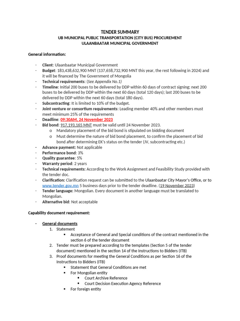 Tender Summary_City_Bus_10252023(1) | PDF | Joint Venture | Banks
