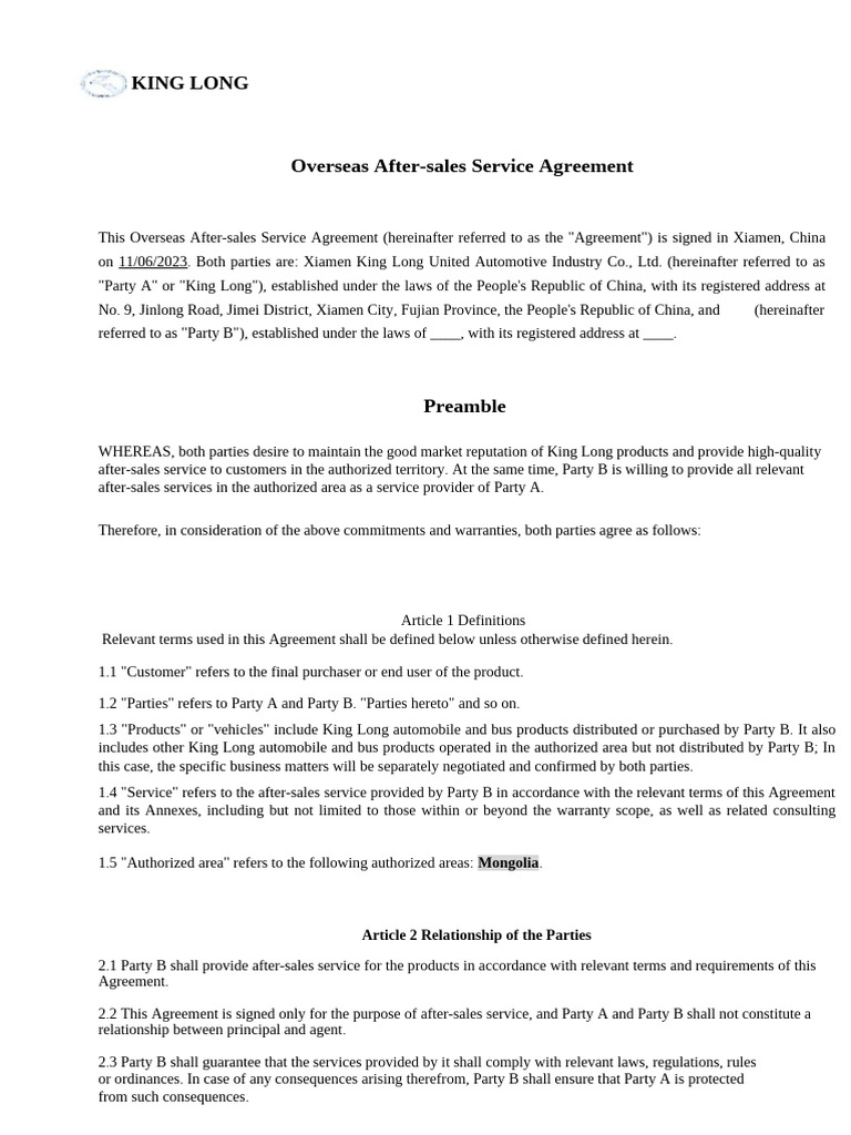 King Long After-sales Service Agreement | PDF | Arbitration | Civil Law ...