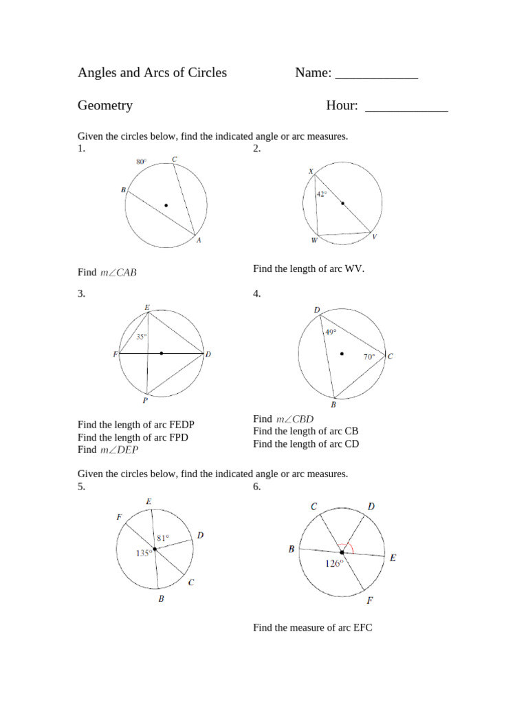 Arcs and Angles Worksheet | PDF