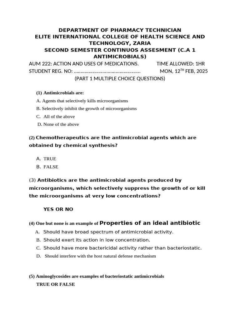 Aum 222 Antimicrobials Test Questions | PDF | Antimicrobial | Antibiotics