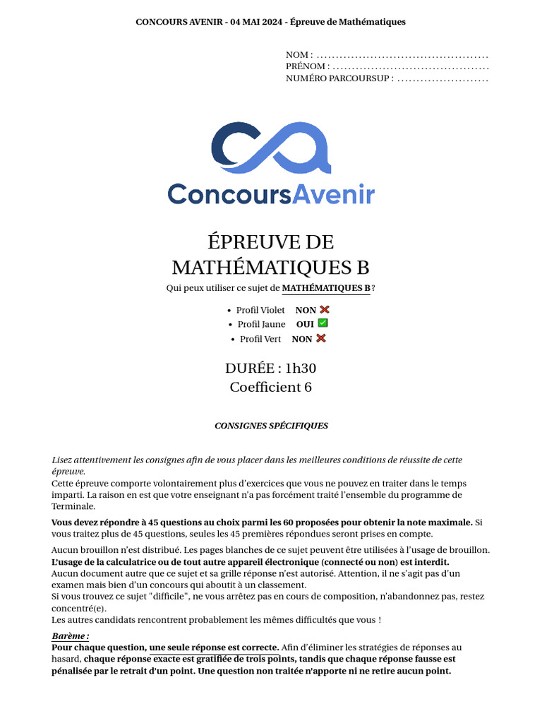 Épreuve de Mathématiques B - Concours Avenir 2024 | PDF | Fonction ...