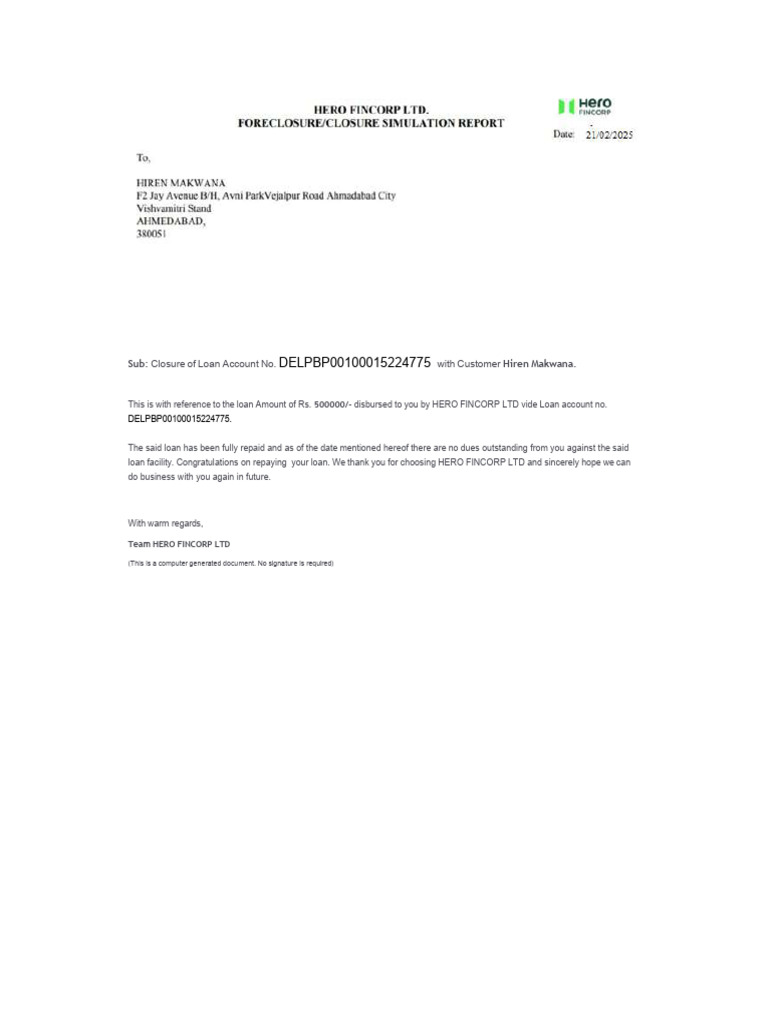 Loan Closure Confirmation for Hiren Makwana | PDF