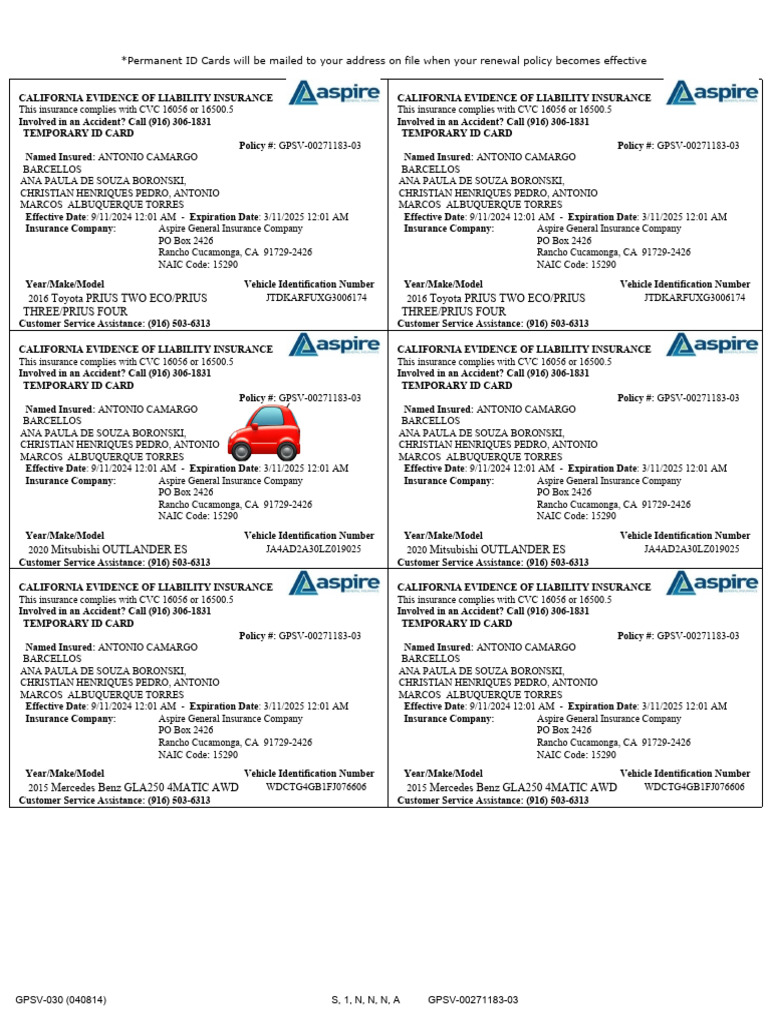 California Liability Insurance Card | PDF | Toyota | Electric Vehicle