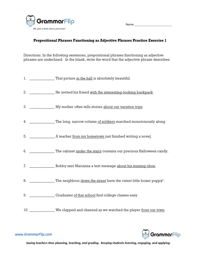 Prepositional Phrases Adjective Practice | PDF