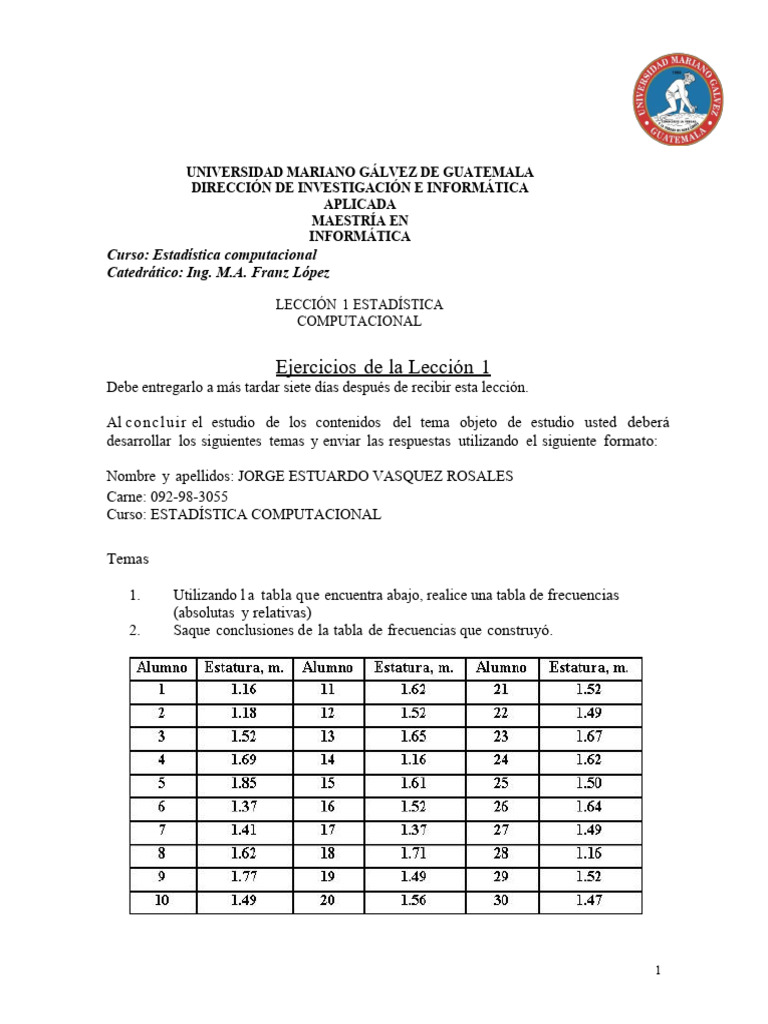 EJERCICIO LECCION 1 ESTADISTICA COMPUTACIONAL | PDF