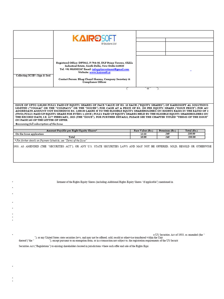 KAIROSOFT Rights Issue Application Form | PDF | Securities (Finance ...