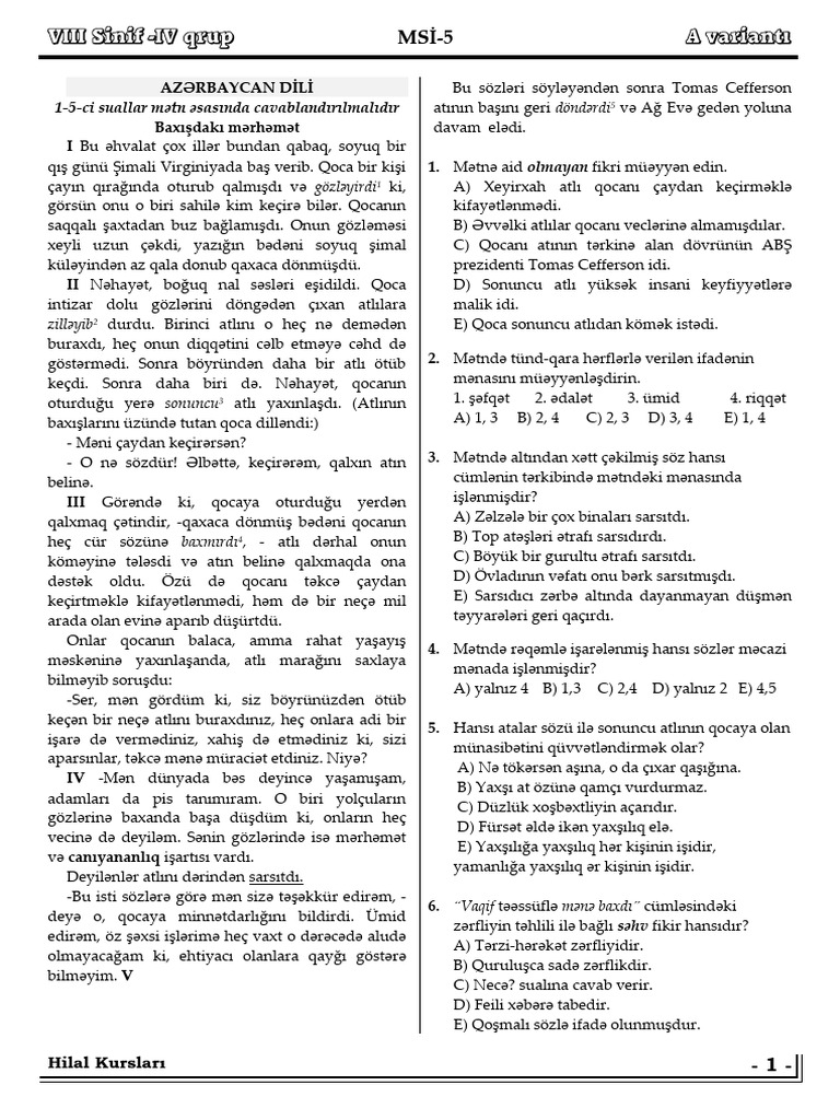 Azərbaycan Dili Baxışdakı MƏRHƏMƏT I 1.: 1-5-Ci Suallar MƏTN Əsasında Cavablandırılmalıdır | PDF