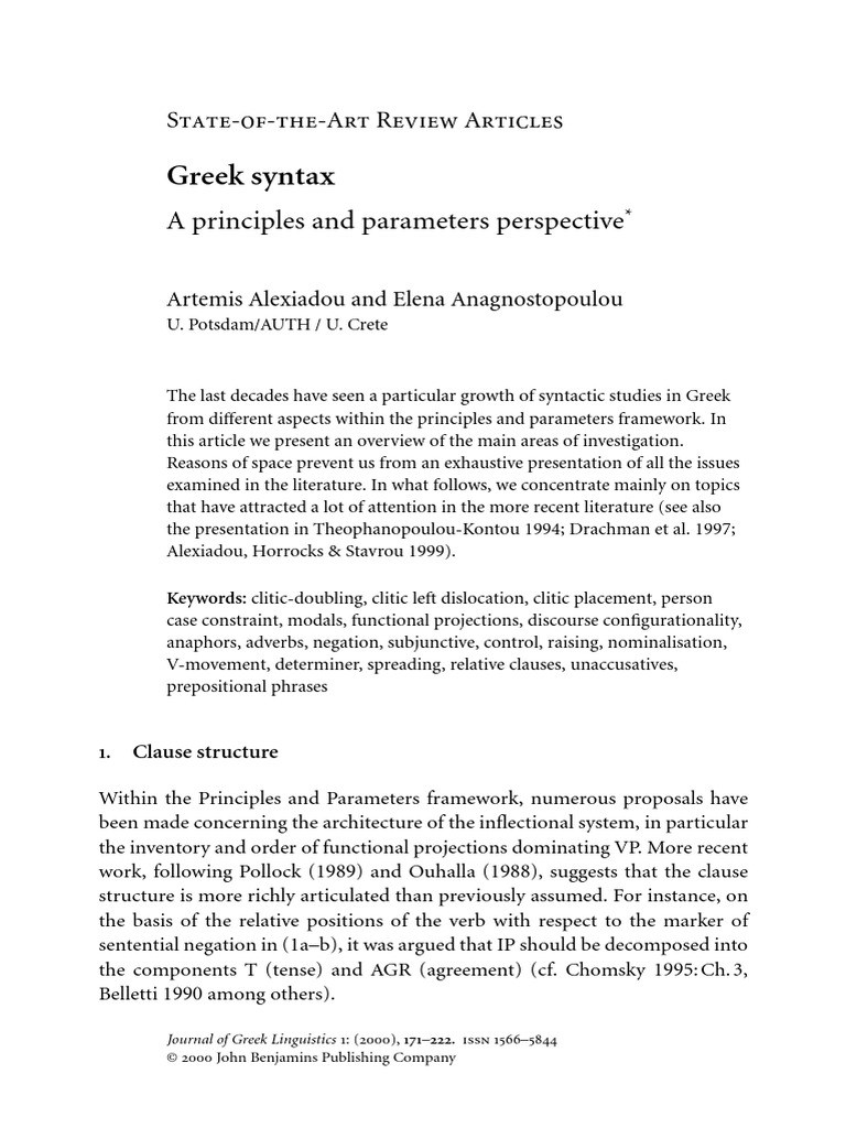 Greek Syntax: Principles & Parameters | PDF | Syntax | Language Mechanics