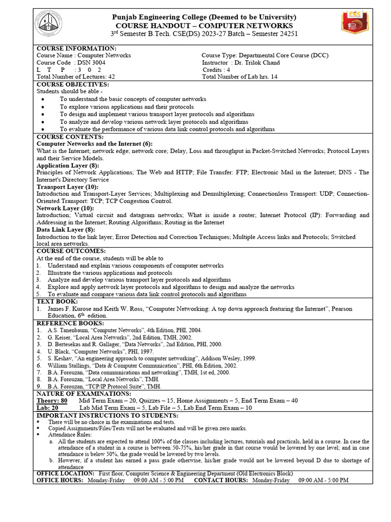 Course handout - CN - B.Tech. CSE(DS)-24251 sem (1) | PDF | Computer Network | Communications ...