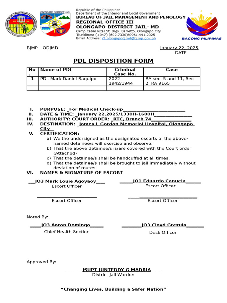 PDL Disposition Form for Health 1 | PDF