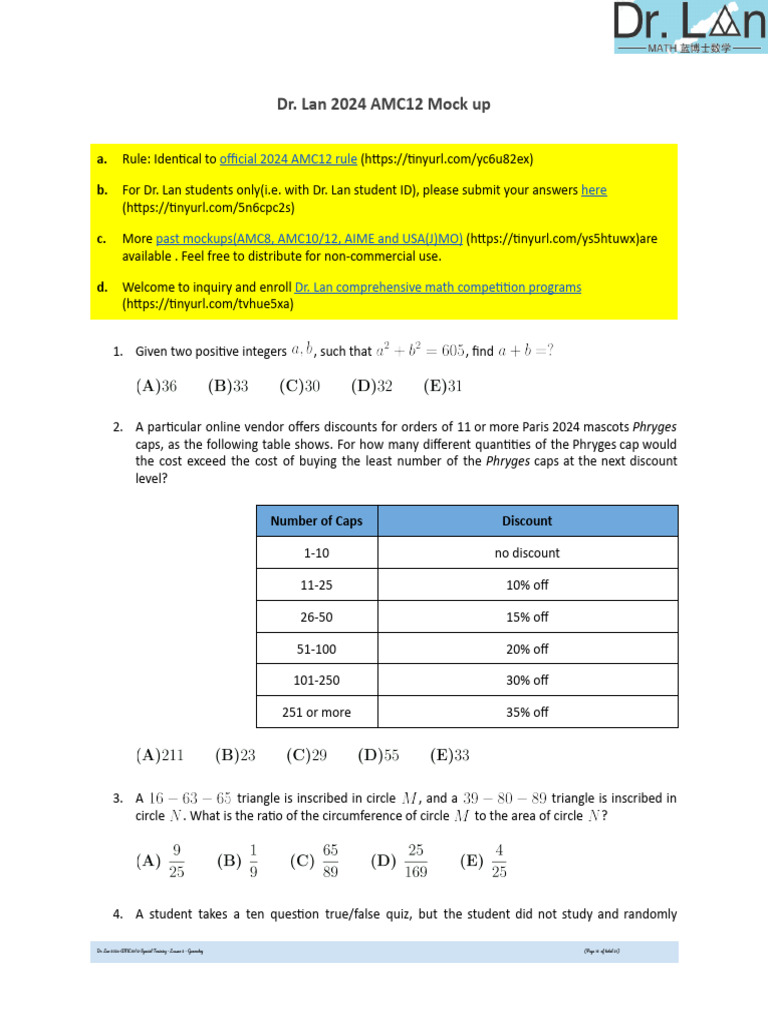 DR Lan 2024 AMC12 Mockup (Answers Included) | PDF | Mathematics | Harry Potter