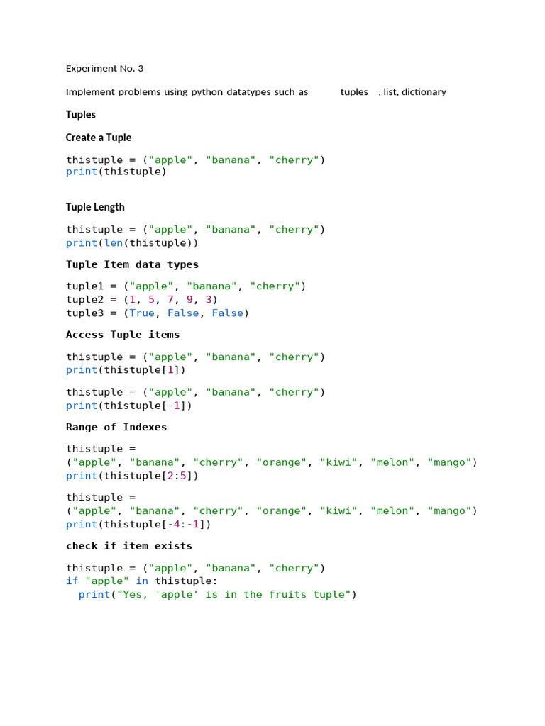 Exercise No.3 Tuples, List, Dictonaries | PDF