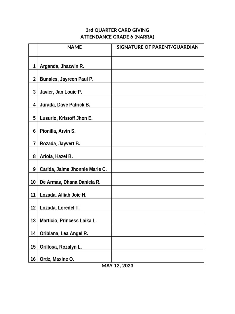 3rd Quarter Card Giving Attendance | PDF