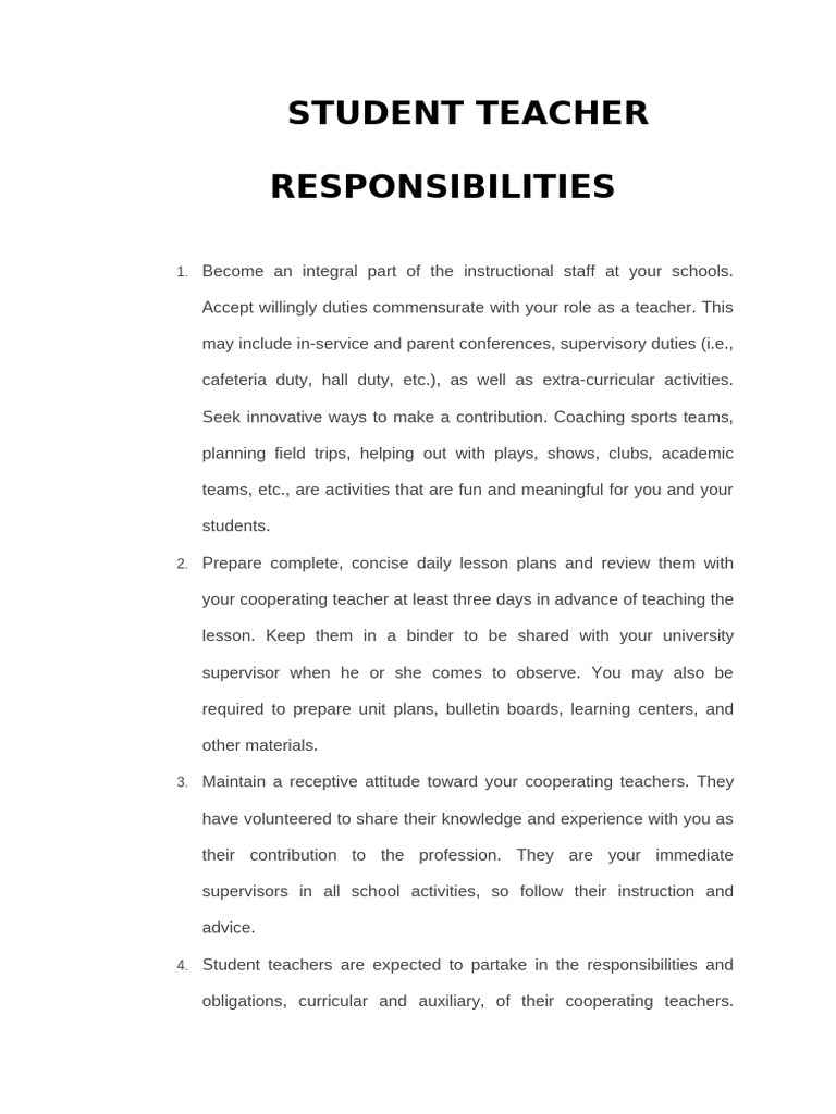 STUDENT TEACHER RESPONSIBILITIES | PDF | Teachers | Classroom Management
