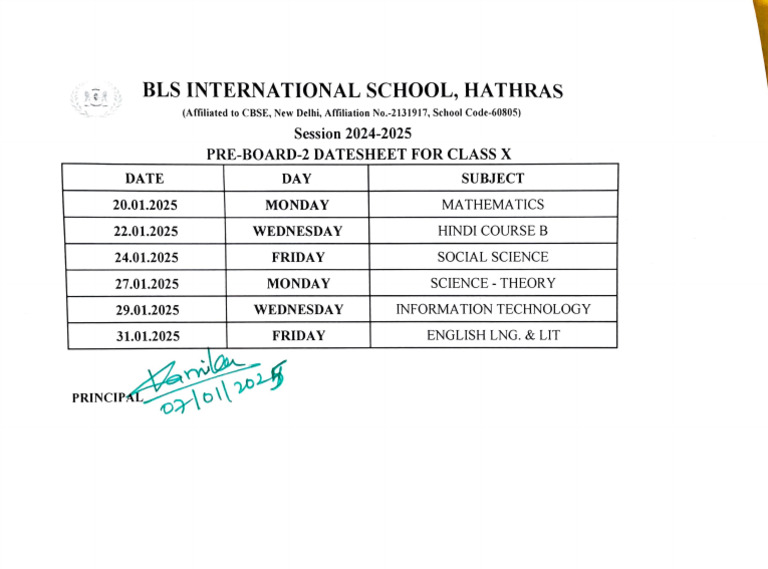 Class 10 Pre Board 2 Schedule | PDF