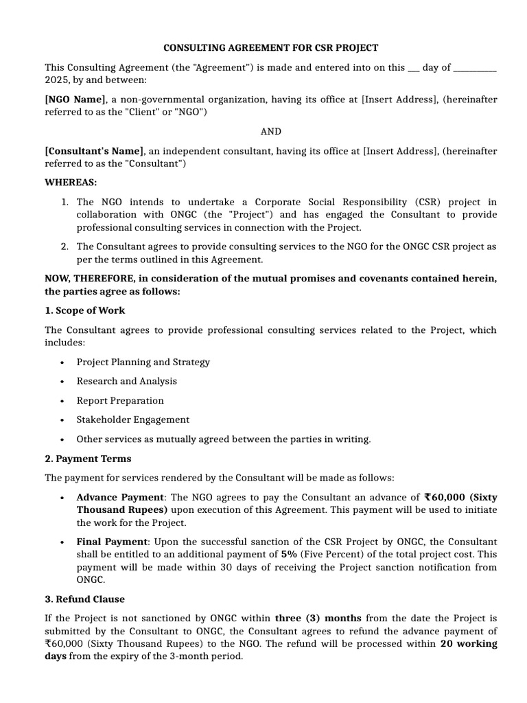 Consulting Agreement For CSR Project | PDF | Indemnity | Corporate Social Responsibility