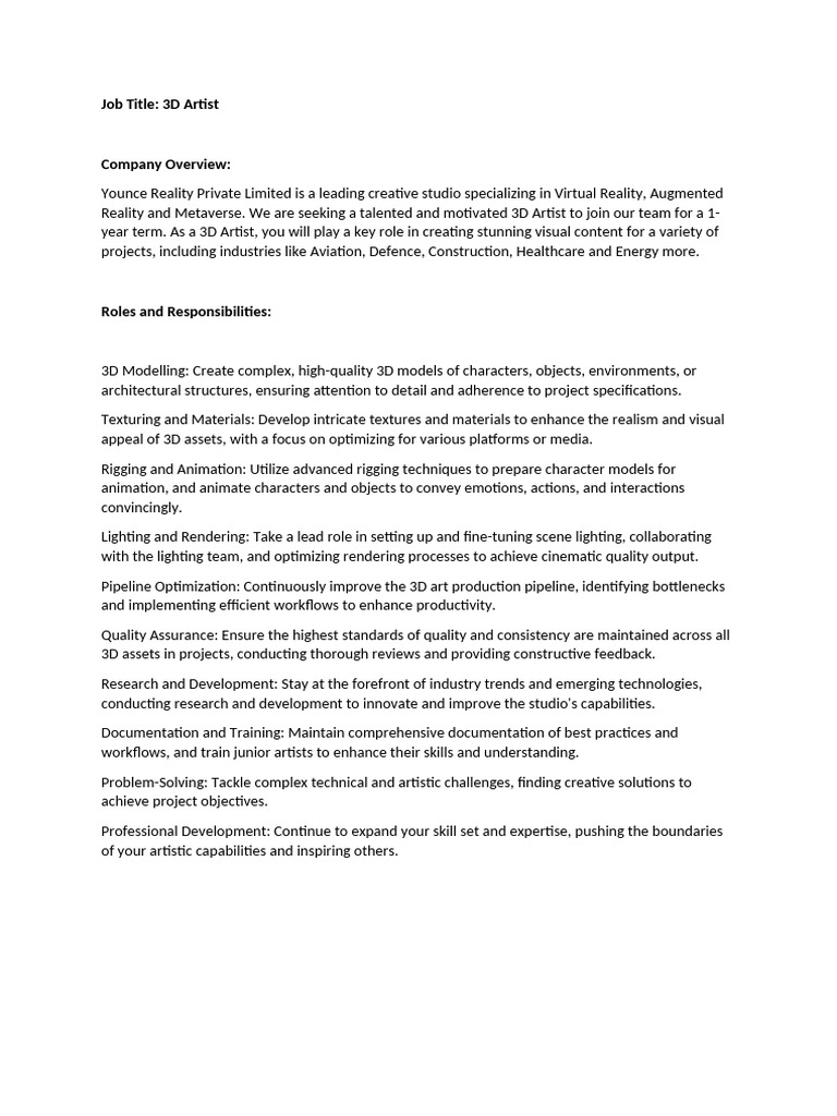 3D Modeler & Unity Developer - Job Description | PDF | 3 D Computer ...