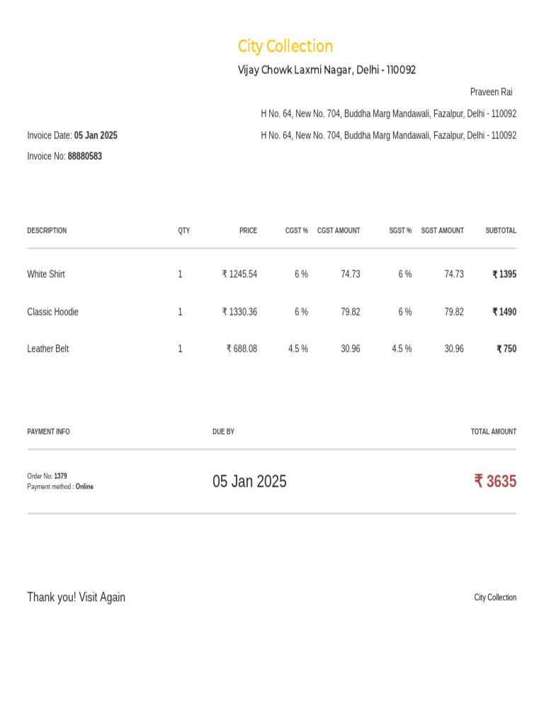 Invoice for City Collection Purchase | PDF